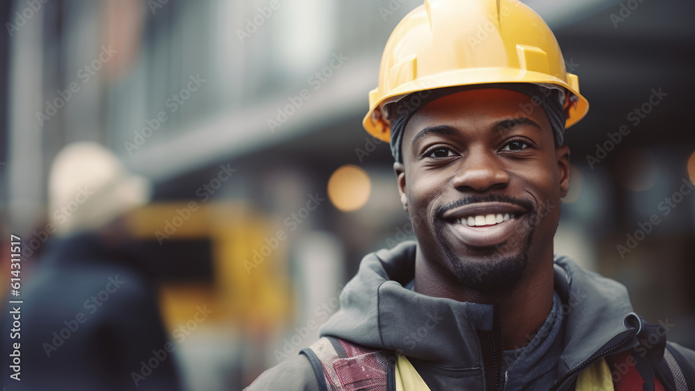 Portrait of black man working at construction site, background ...