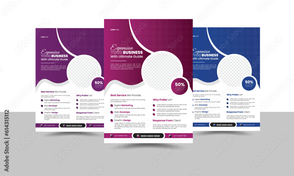 Creative business flyer template design set with violet, blue, and ...
