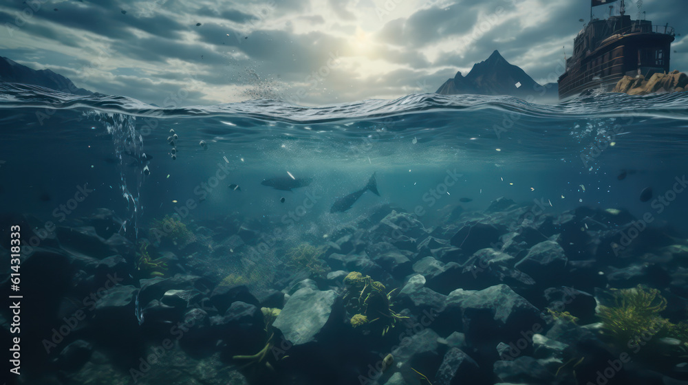 A split view of the sea in sci-fi style, showing the underwater and ...