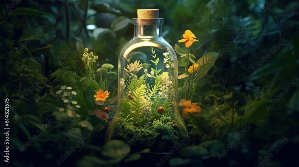 micro botanical ecosystem and flowers in a glass bottle. tiny ...