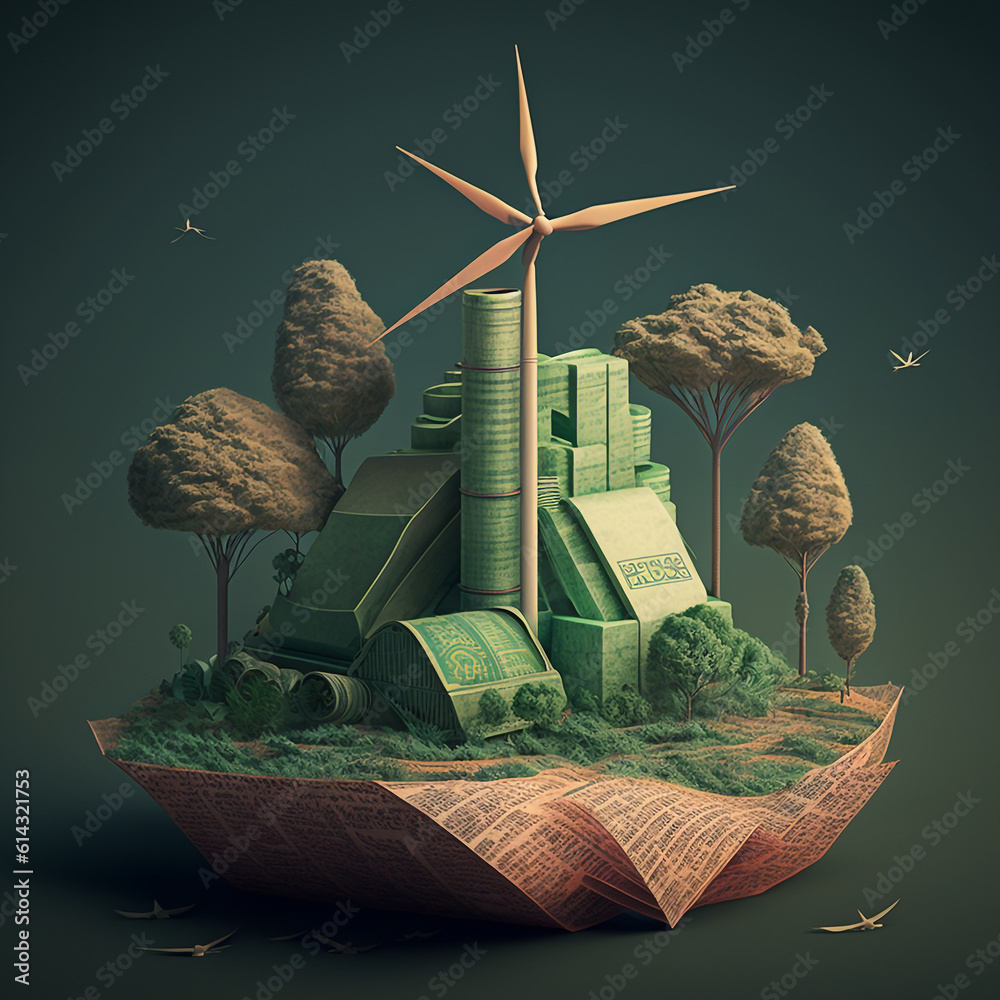 Green economy conceptual 3d picture, roll of money and wind turbines ...