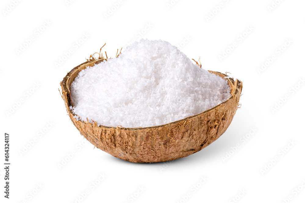 Coconut milk powder (shredded coconut, coconut flour) in coco nut shell ...