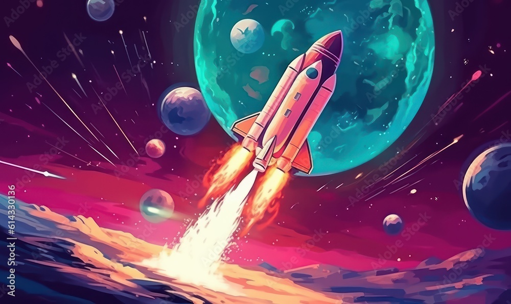 Rocket Launching to Space Background, Space Exploration Illustration ...