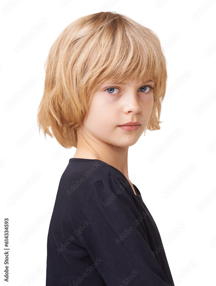 Little girl, face and portrait in casual fashion with serious facial ...