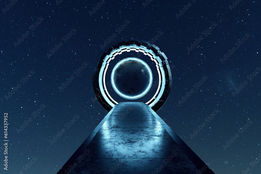 Dark abstract Sci Fi path with Outer Space in background. Man Standing ...