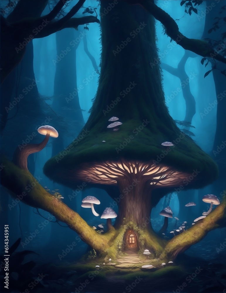 mystical forest where sentient trees, glowing leaves, and enchanting ...