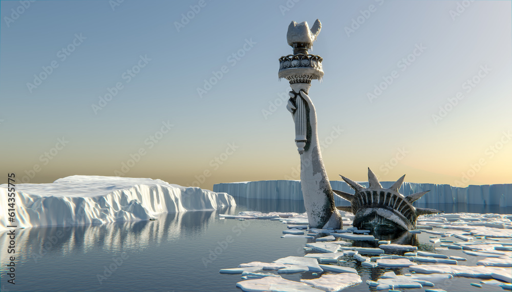 Global climate change. Statue of liberty frozen in ice. Statue Of ...