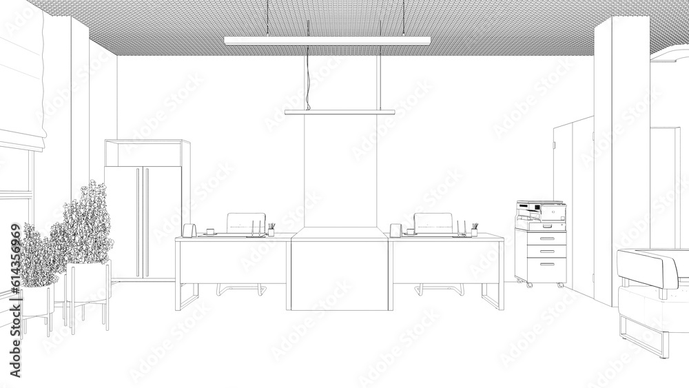 office space, interior visualization, sketch, outline illustration, cg ...