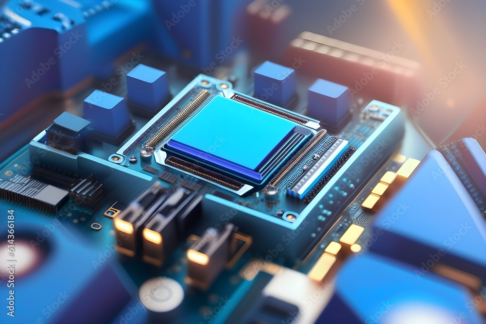 Close-up of a CPU with RAM module on a motherboard in blue futuristic ...