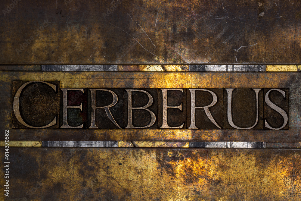 Cerberus text with on grunge textured copper and gold background Stock ...
