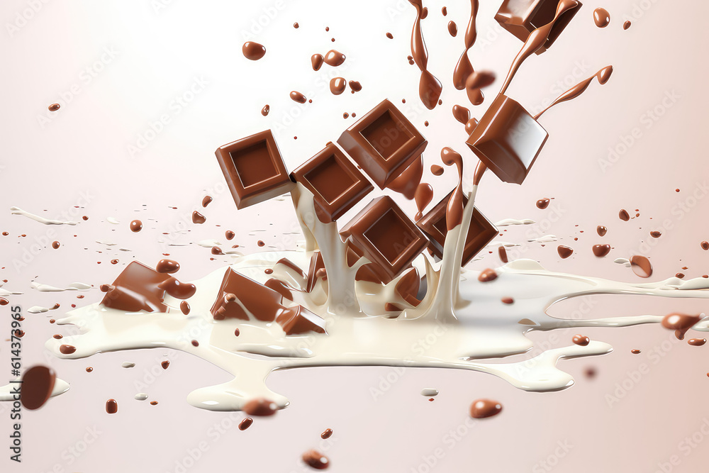 Falling broken pieces of chocolate bar with splashes and waves of milk ...