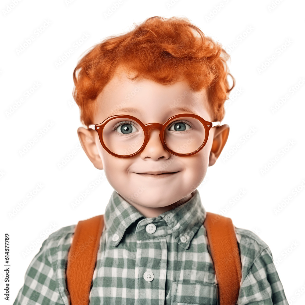 portrait of a cute ginger boy wearing eyeglasses. isolated on transparent background. no ...