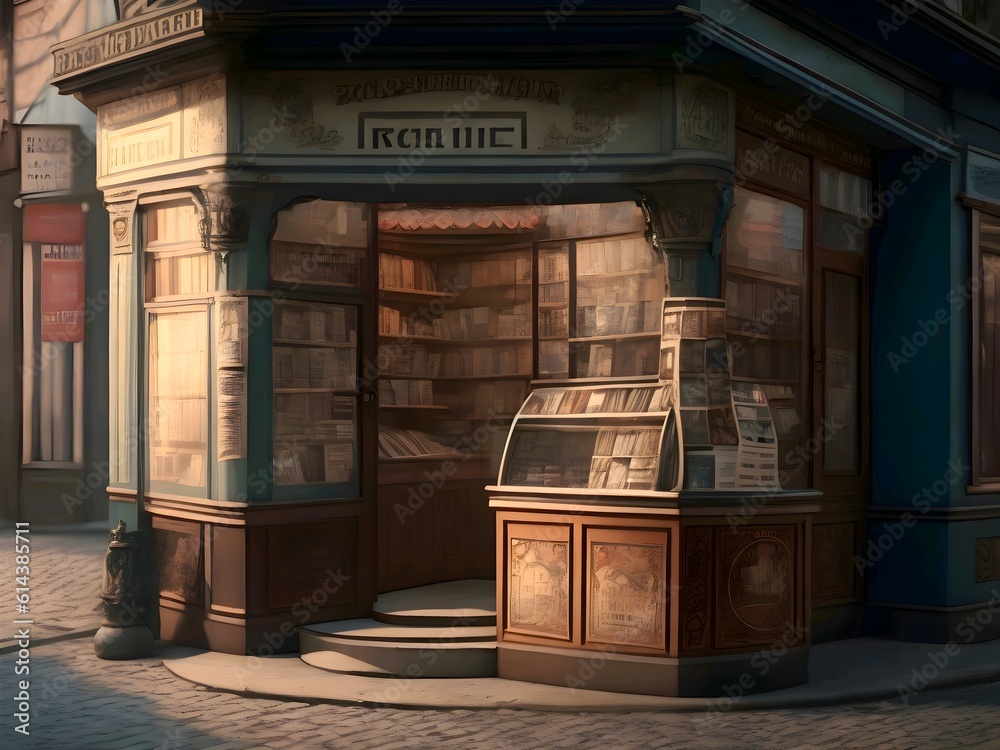 Storefront of a 1860's russian newspaper store. Wooden vintage style ...