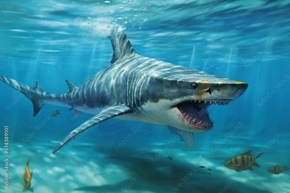 Tiburón nadando debajo del agua con la boca abierta y asomando un poco ...