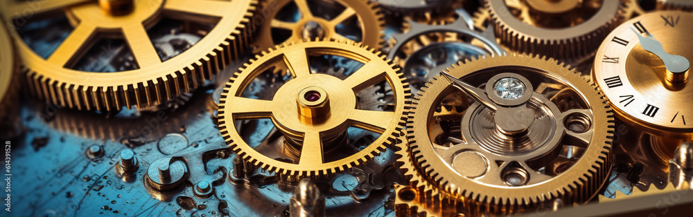 Zahnräder und Zahnräder im Uhrwerk. Symbol für Mechanisierung und ...