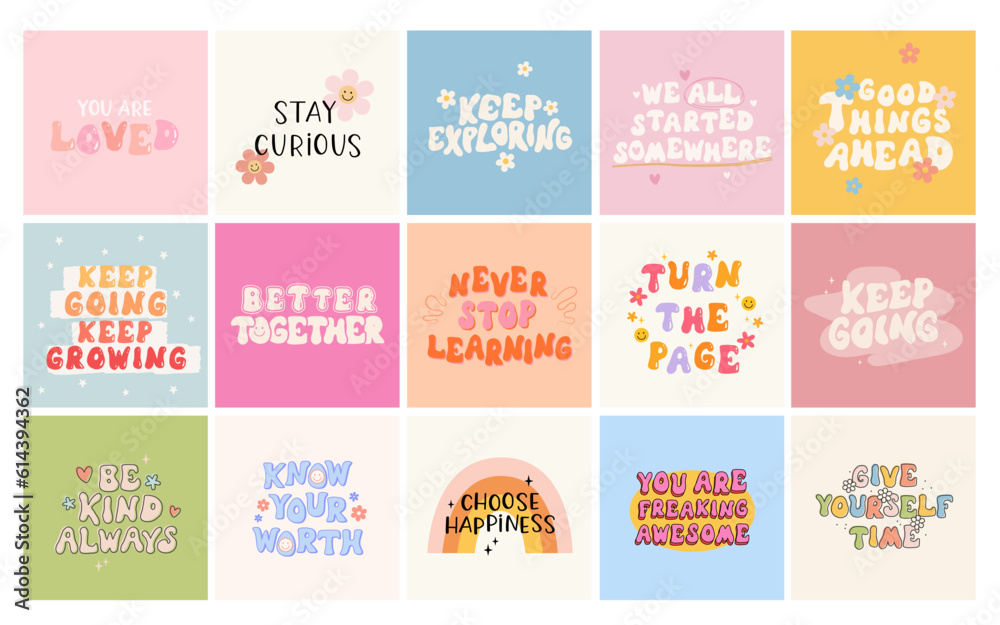 Poster 70s retro inspirational poster set with vintage groovy ...