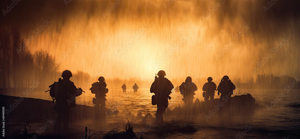 Silhouettes of army soldiers in the fog against a sunset, marines team ...
