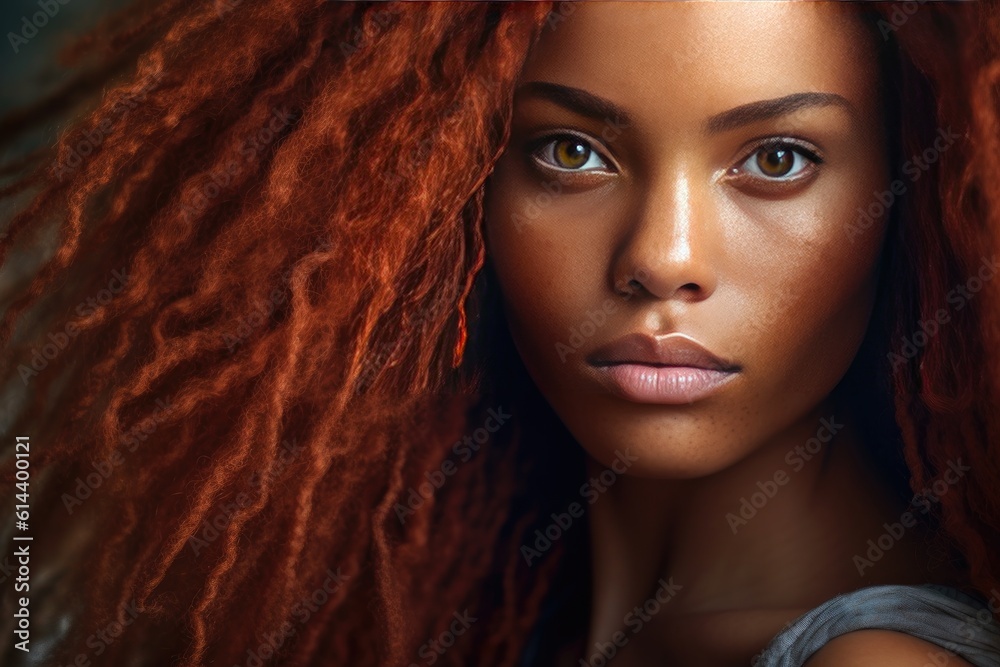 Black skin woman model with long red curly hair. African Ethnic female ...