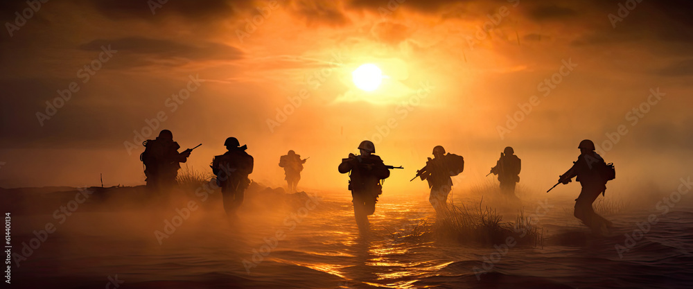 Silhouettes of army soldiers in the fog against a sunset, marines team ...