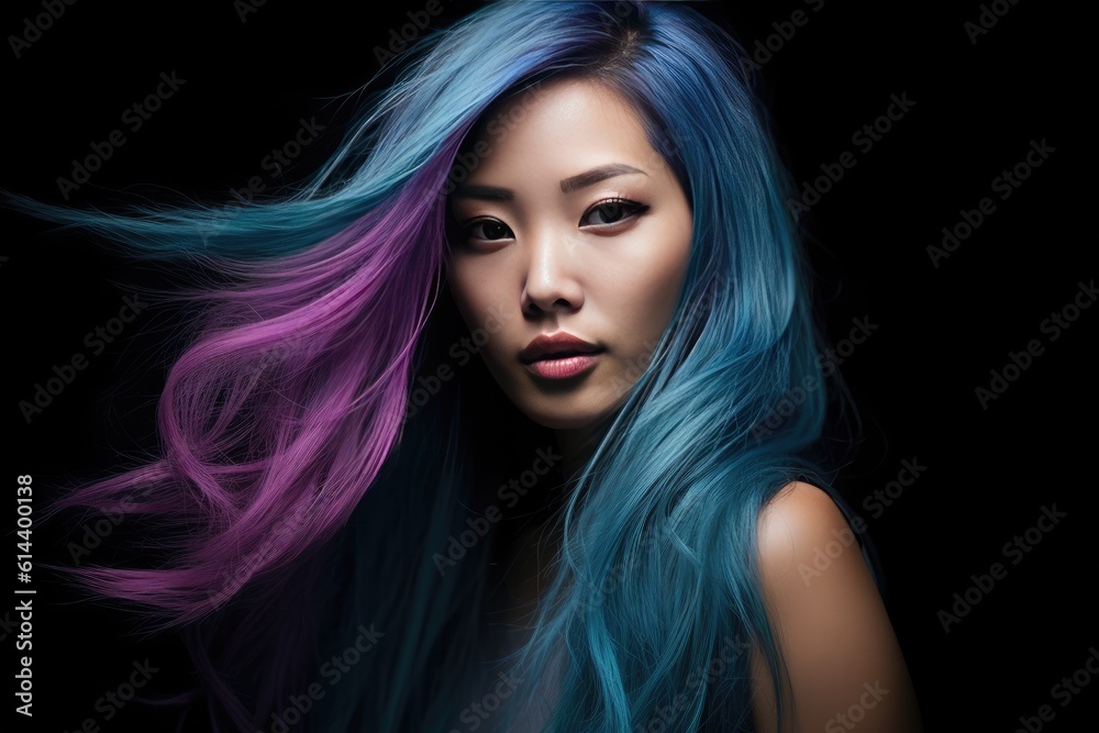 Asian model with long blue and purple hair. Asia female face with ...