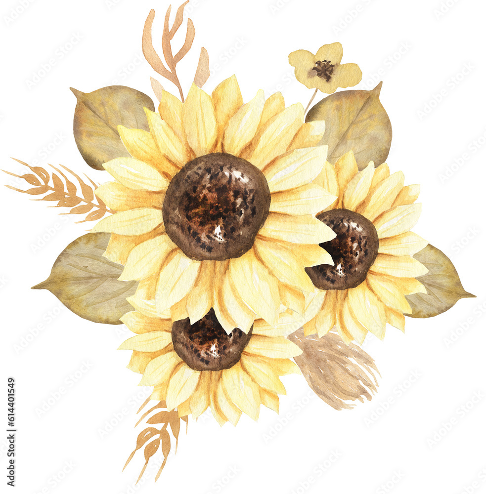 Autumn Sunflowers bouquet Clipart, Watercolor Meadow flowers print ...