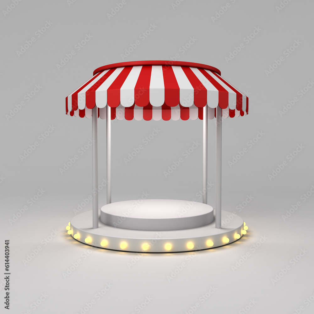 Blank stage podium pedestal with red white striped dome awning or ...