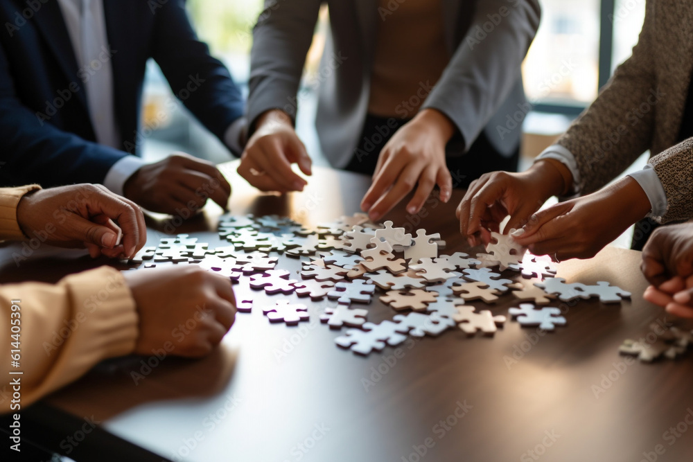 Diverse corporate office workers collaborate in a team building puzzles ...