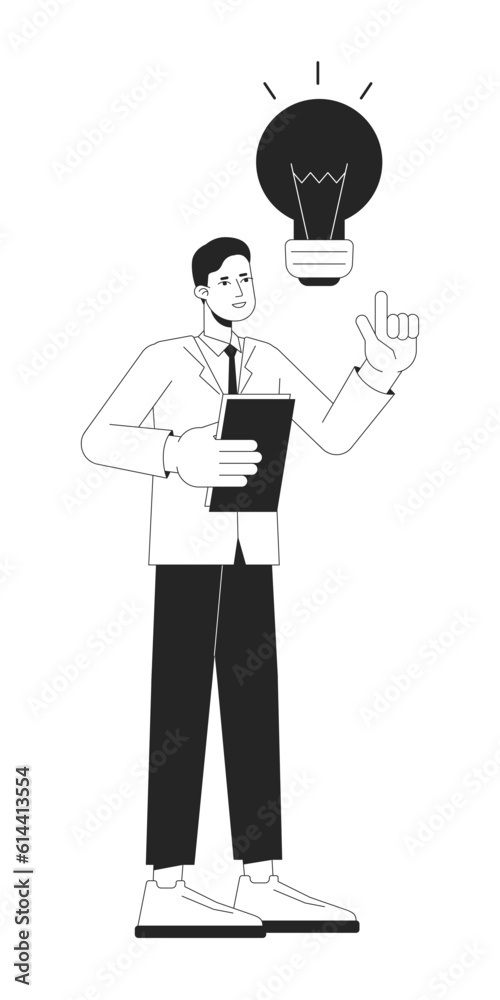 Asian office worker eureka idea bw concept vector spot illustration ...
