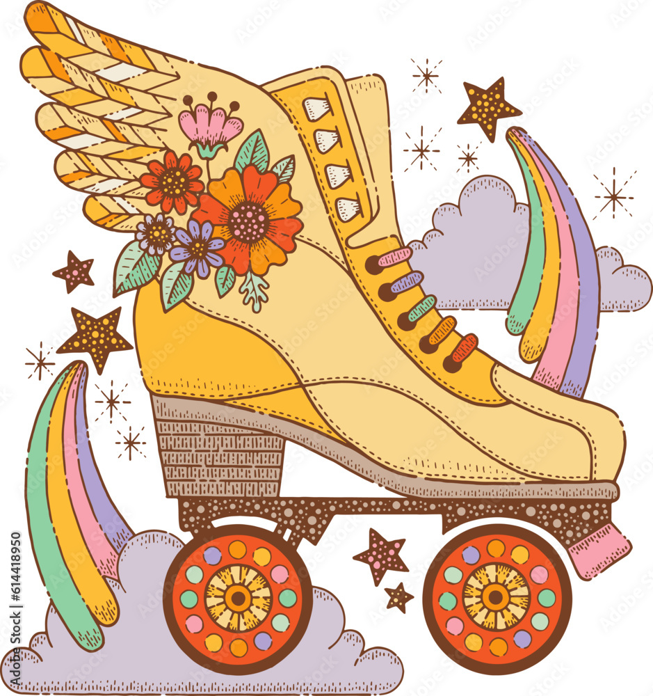 Retro groovy roller skate drawing in 70s style. Cute vintage print with ...