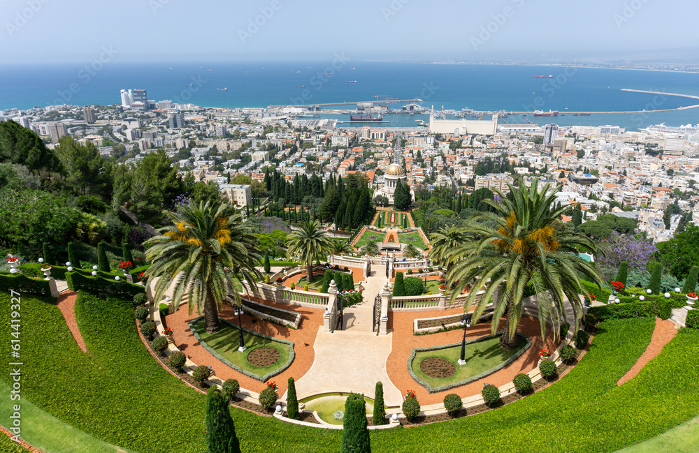 View of the city of Haifa, Bahá’í Gardens and the Shrine of the Báb ...
