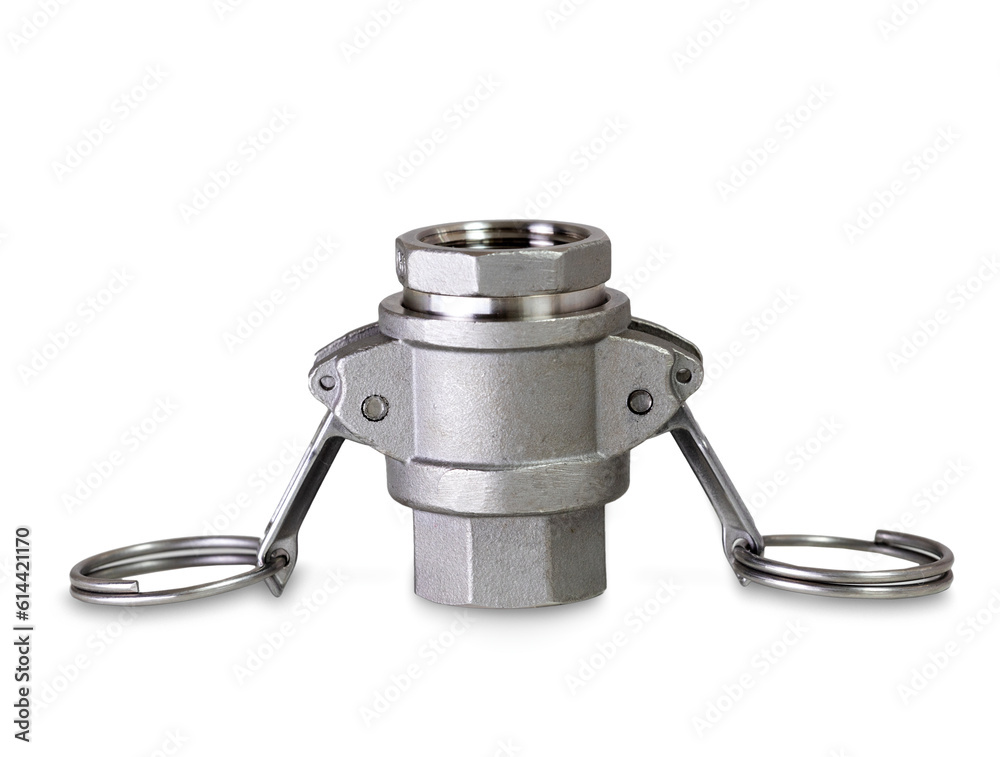 Stainless steel camlock coupling isolated on white, hose fitting.Cam ...