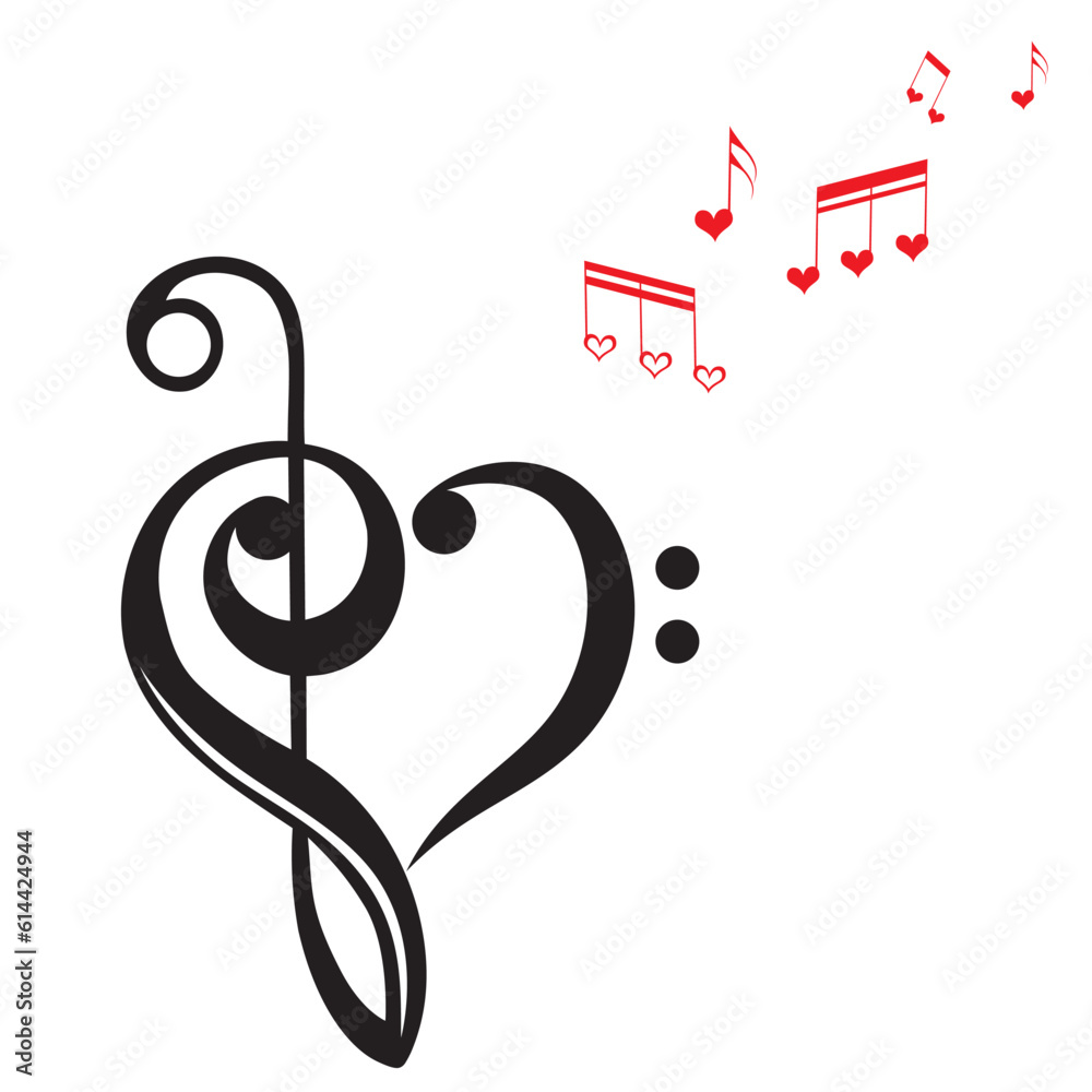 Music heart, bass clef, treble clef, vector, isolated on white ...