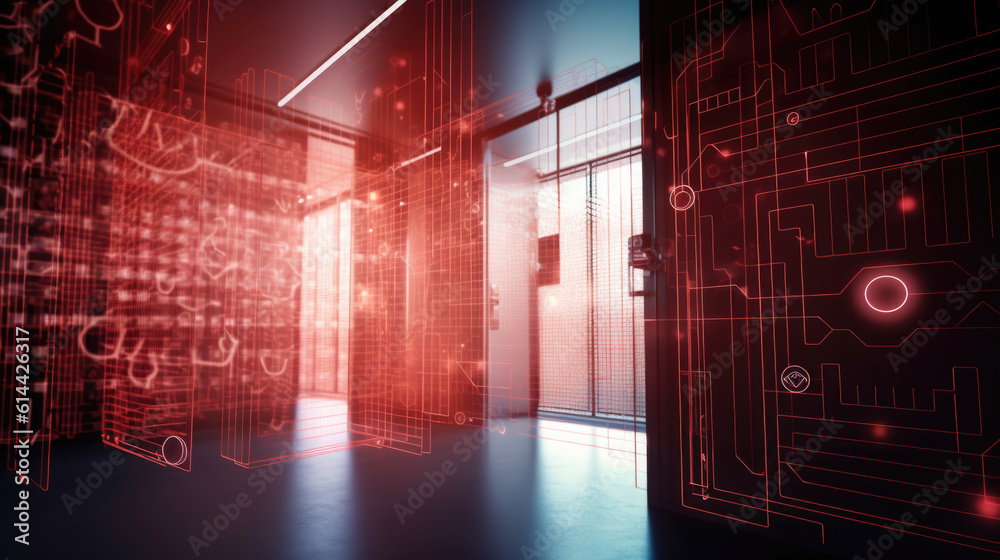 door to a modern office with red glow and a red network - risk of cyber ...