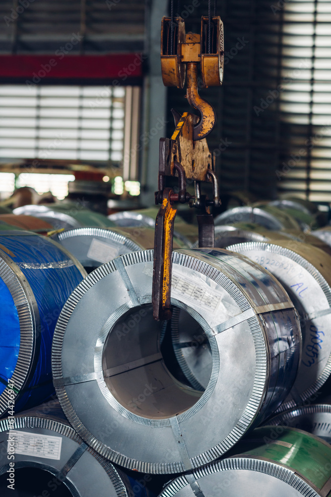 Roll of steel sheet in a plant. Rolls of sheet steel of Factory. Coils ...