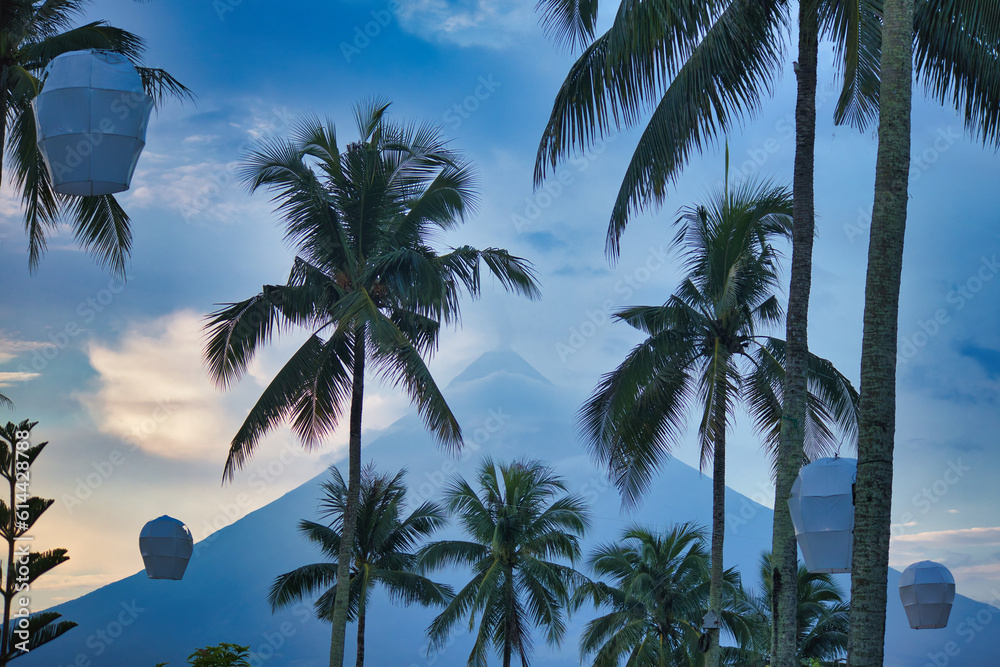 mayon volcano and palm trees in the sky Stock Photo | Adobe Stock