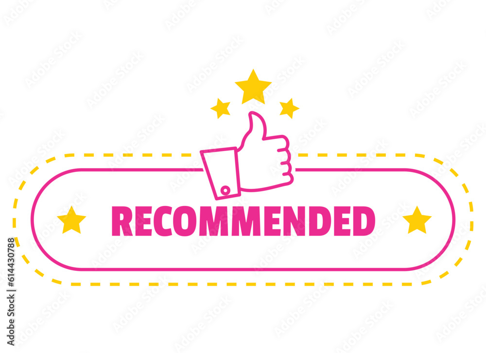 Recommend badge. Colorful tag design with thumb up, isolated on white ...