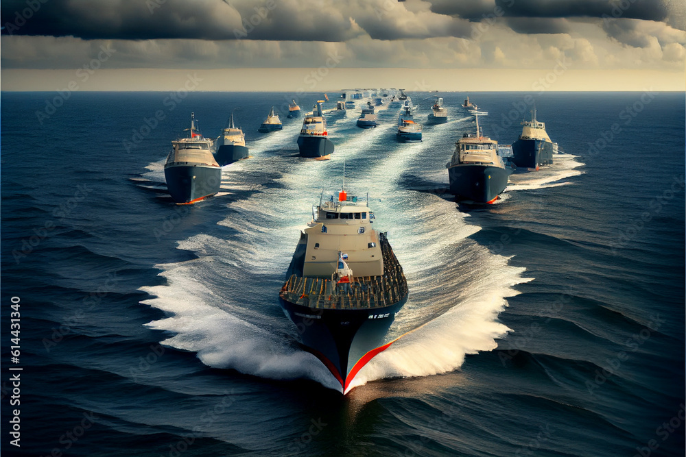 Fleet of cargo ships sailing ocean. Container nautical vessels with ...