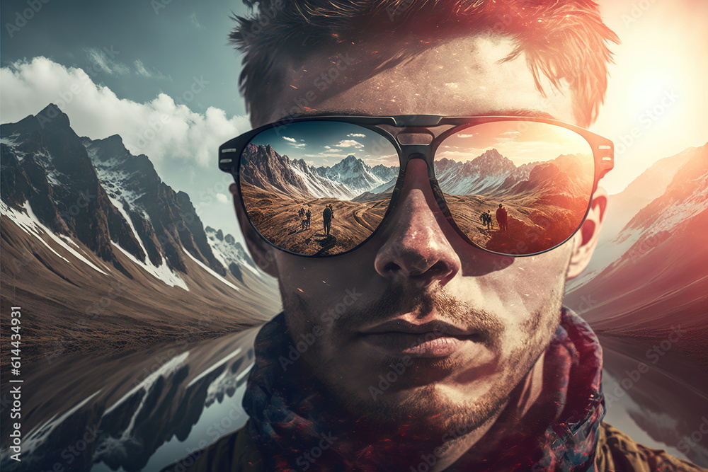 Sunglasses mirrored reflection of the wondrous mountain path and sunny ...