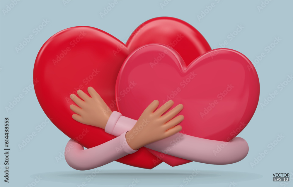 Two hearts with Hand embracing. Cartoon hearts embrace minimalism ...