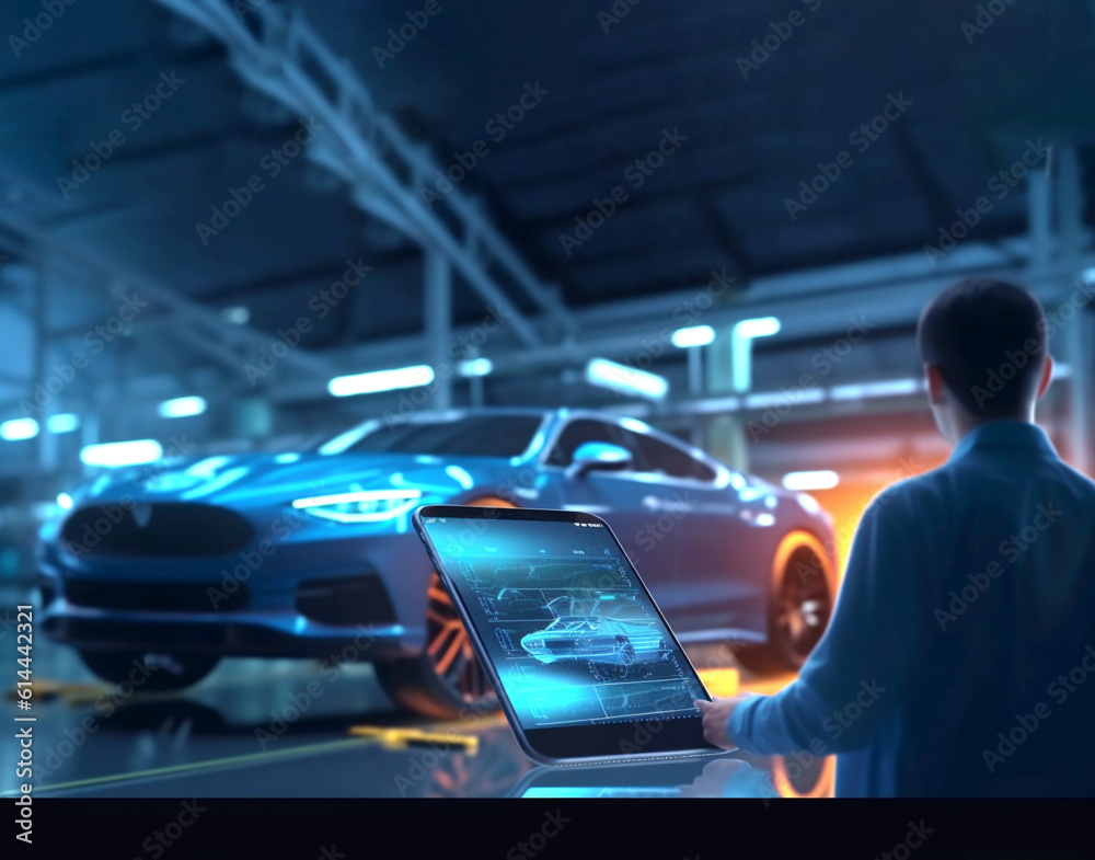 Ilustração do Stock: Modern work car service, Employees check the ...