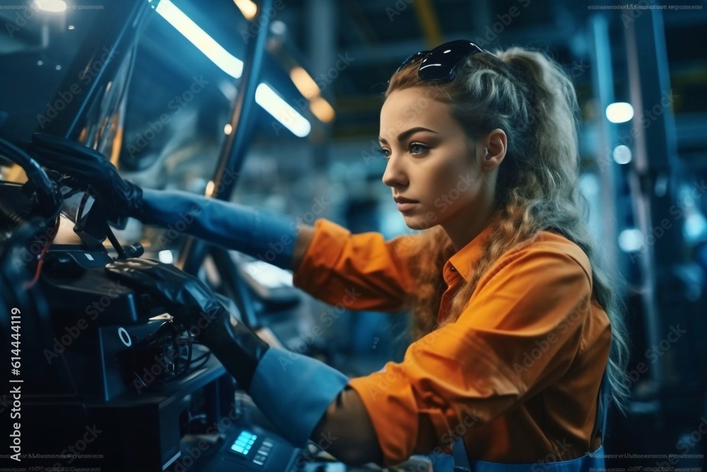 Female Auto Mechanic Working Underneath Car In Garage. Portrait of ...