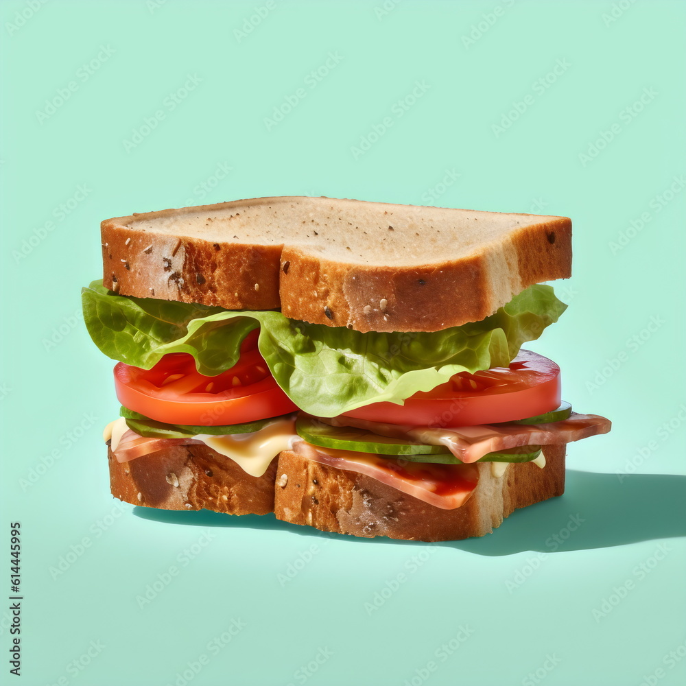 BLT sandwich on wholemeal bread isolated on plain cyan studio ...