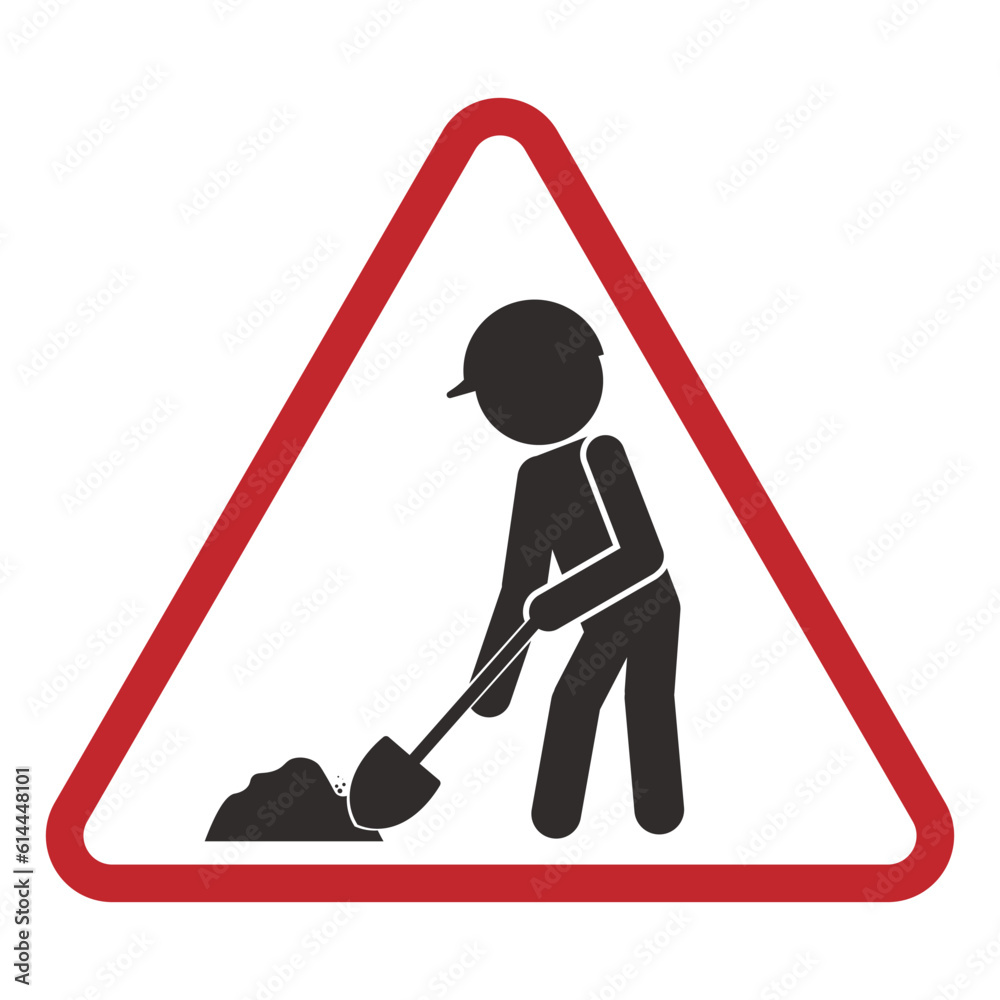 Isolated illustration of red black triangle safety sign man shovel dirt ...