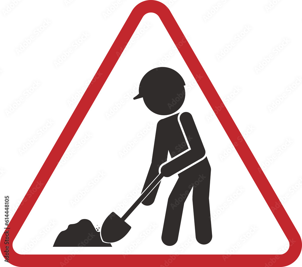 Isolated illustration of red black triangle safety sign man shovel dirt ...