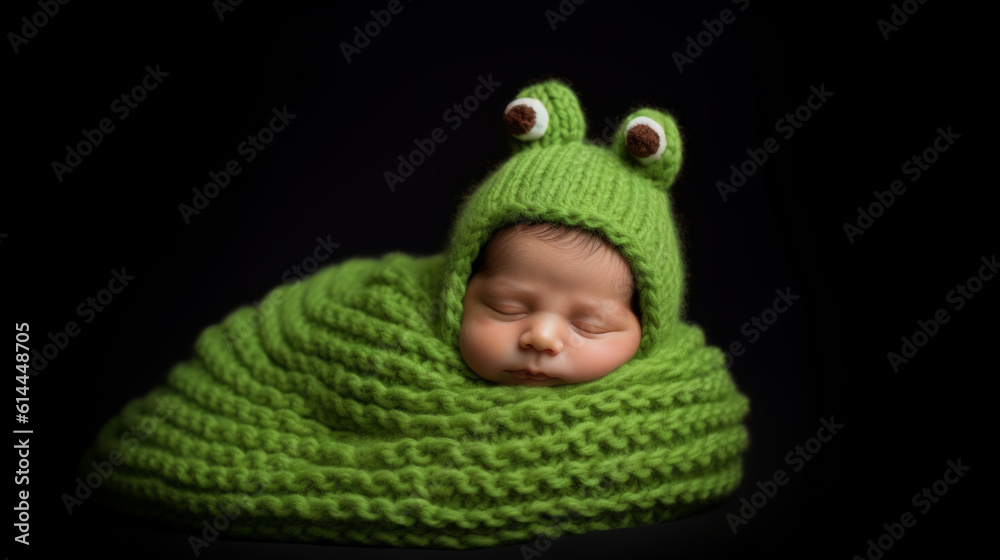 Professional photo session of a newborn baby in a green knitted outfit ...