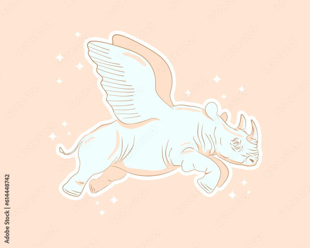 Vector Illustration of Light Blue Rhino Flying Among Stars. Hand Drawn ...
