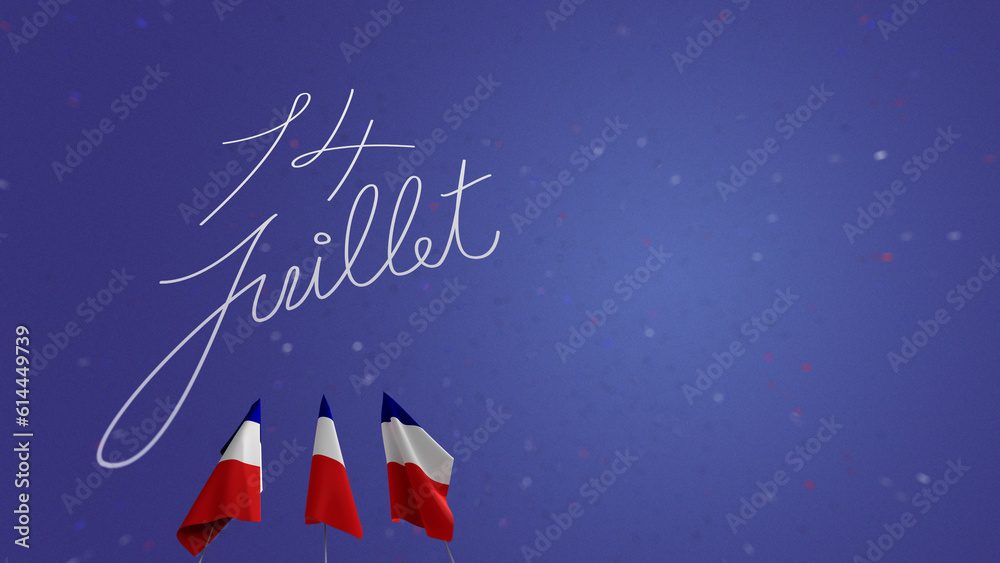 A text 14 juillet written in the night sky, three flags of France. The ...