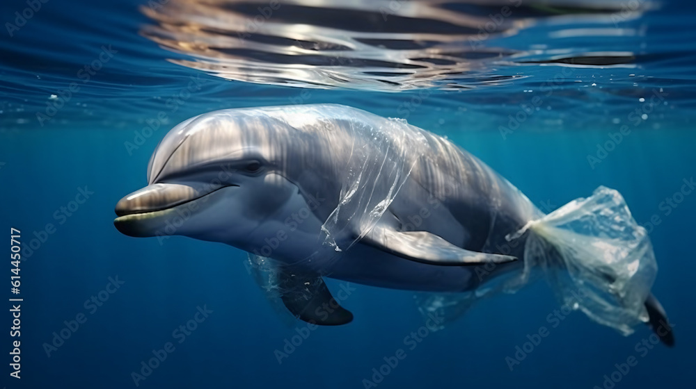 A dolphin trapped in a plastic bag in the ocean. Environmental ...