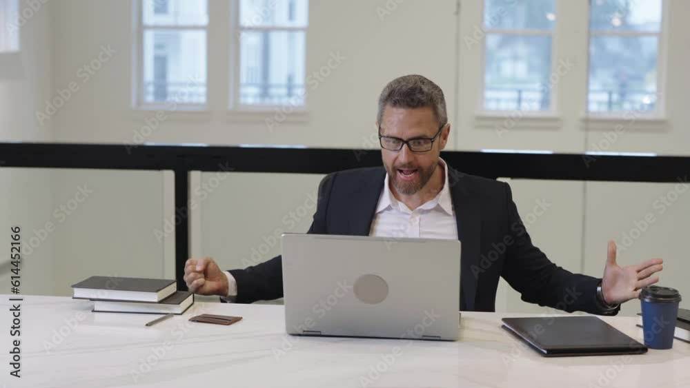 Angry boss broken laptop in office. Businessman broken laptop. Angry ...