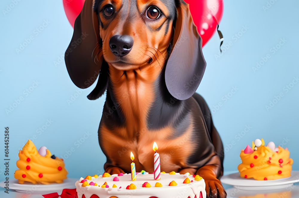Generative AI image of a dachshund wiener dog with a birthday cake ...